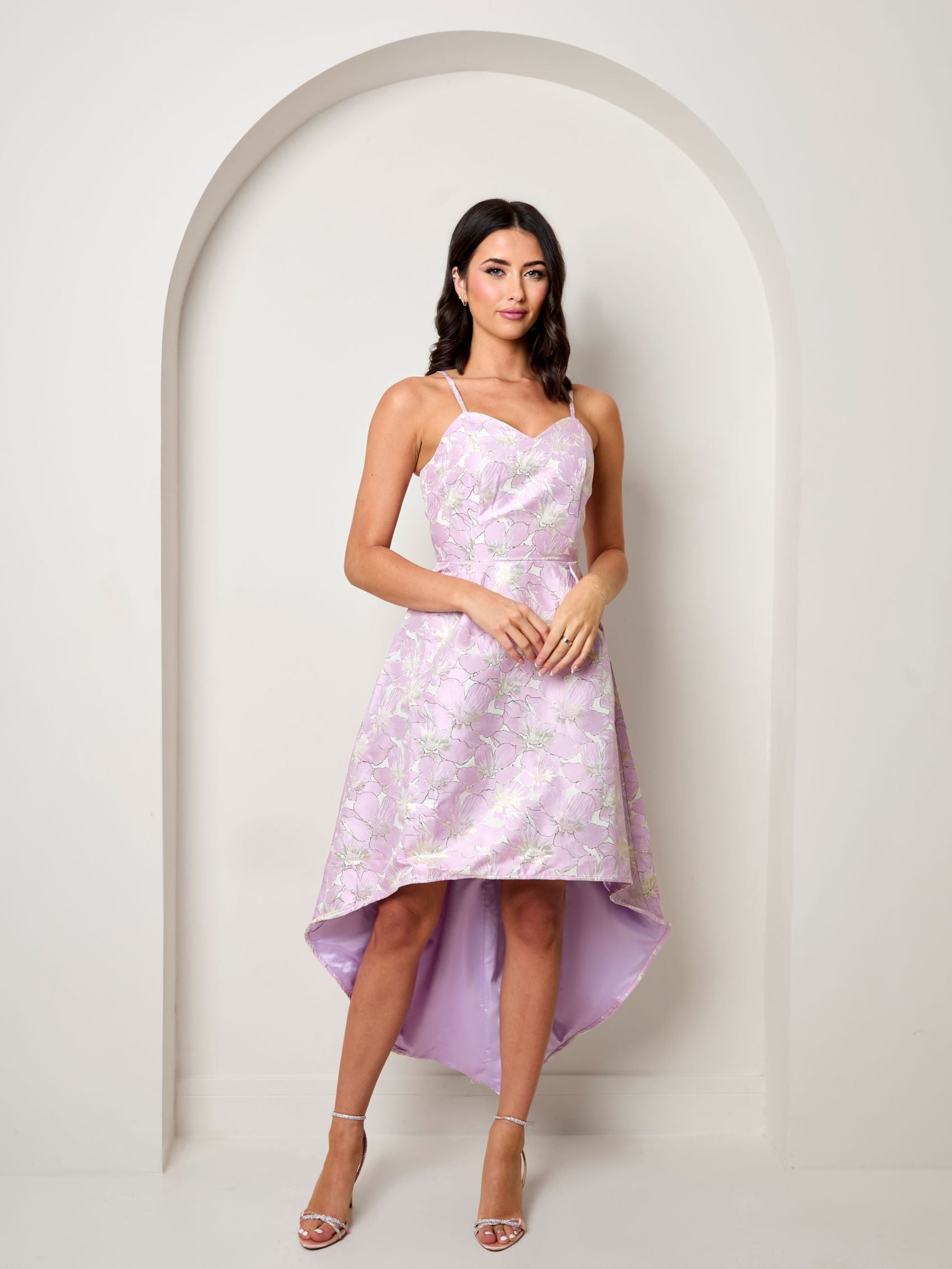 Cami Floral Jacquard Dip Hem Dress in Lilac – Chi Chi LDN