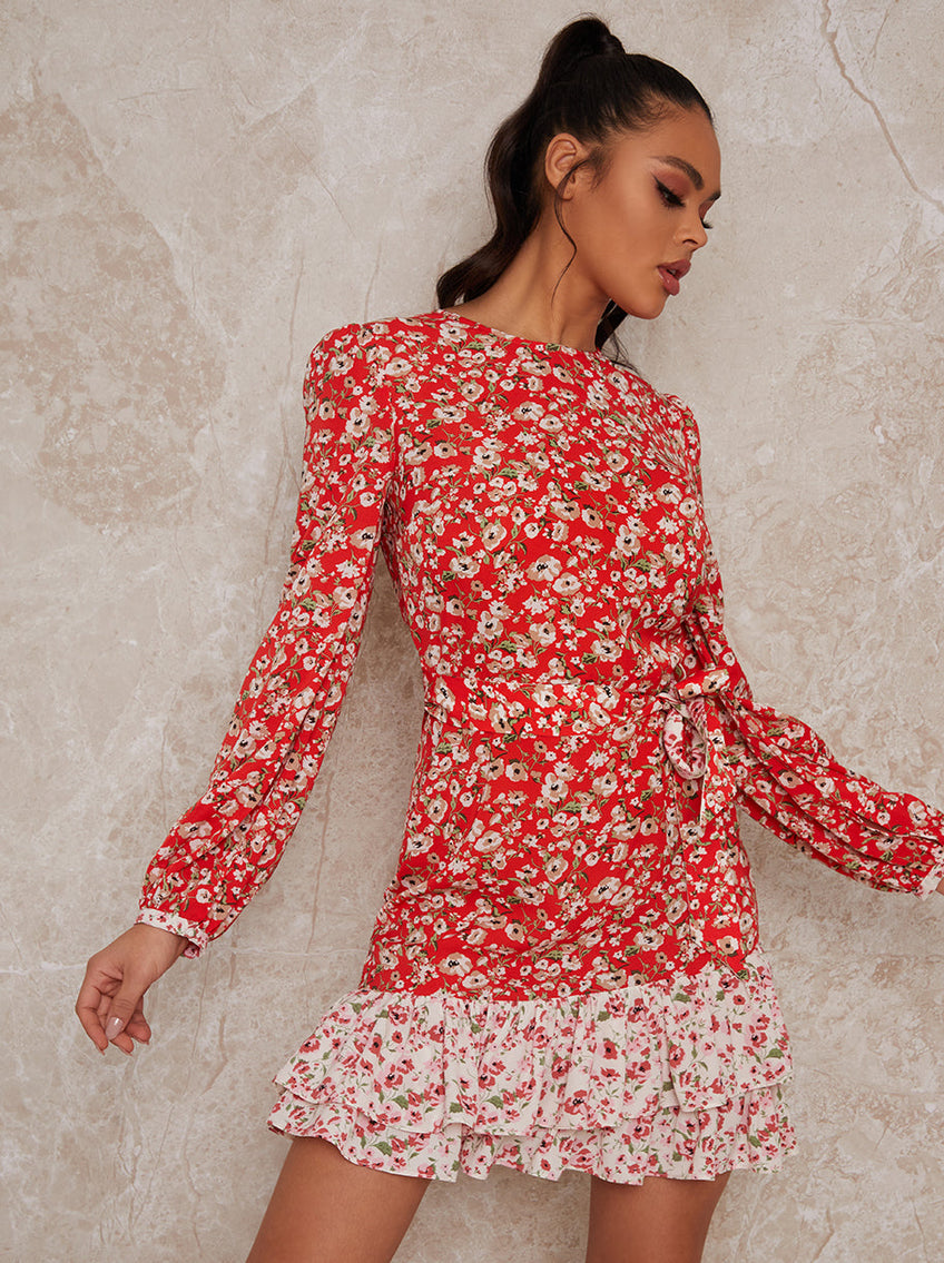 Long Sleeve Floral Mini Dress with High Neckline in Red | Chi Chi London UK