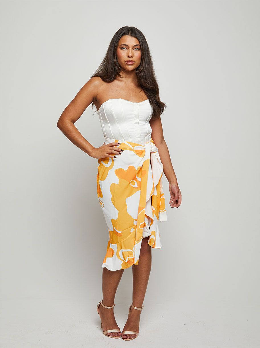 Ruffle Printed Wrap Midi Skirt in Yellow | Chi Chi London UK